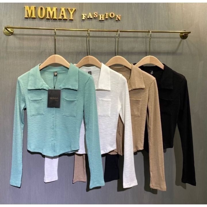 ป้ายMOMAYแขนยาวคอปกผ้าร่อง | Lazada.co.th