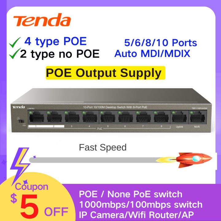Tenda POE Ethernet Switch 5/6/8/10Ports Fast Network Switch Gigabit 100 ...