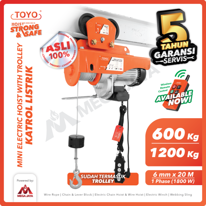 TOYO Mini Electric Hoist Trolley set / Katrol Listrik 600/1200Kg x 20M ...
