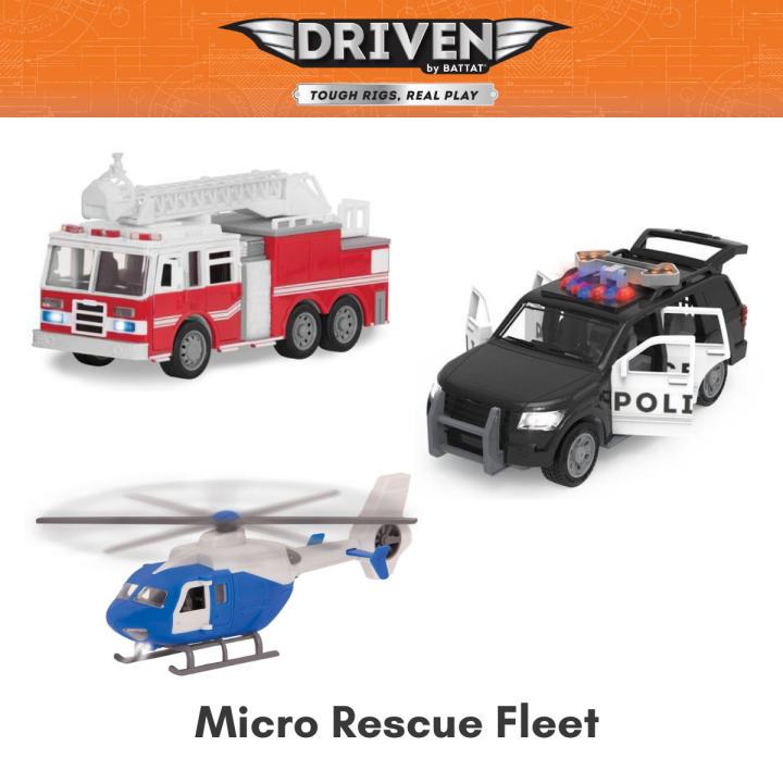 [Driven by Battat] Micro Rescue Fleet Vehicle Toy Set of 3 with Realistic Lights and Sounds ...