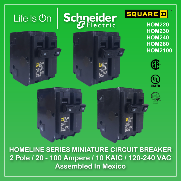 Schneider Electric Homeline Series Miniature Circuit Breaker 2 Pole 20A-100A 10KAIC 120-240VAC ...