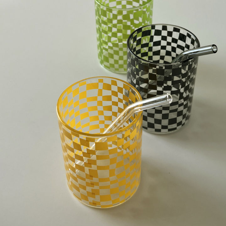330ml Checkered Glass Cup, Coffee Glass Cup, Drinking Glass, Drink ...