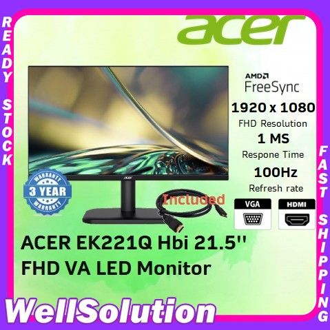 ACER EK221Q Hbi 21.5" FLAT FULL HD 1920x1080 100Hz 1ms VA LED MONITOR ...