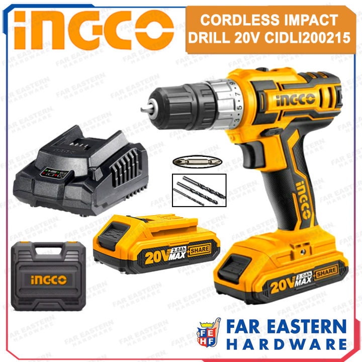 INGCO Cordless Impact Hammer Drill 20V w/ Battery Charger & Case ...