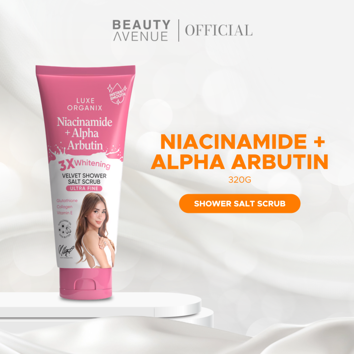 LUXE ORGANIX Niacinamide + Alpha Arbutin 3x Whitening Velvet Shower Salt Scrub 320g | Lazada PH