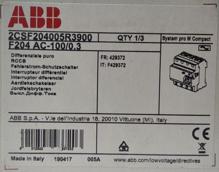 ABB Residual Current Circuit Breaker (ELCB) 4Pole 100A 300mA (2CSF204005R3900) | Lazada