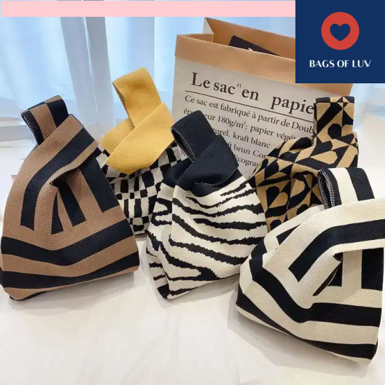 Women's Handheld Knitted Lunch Tote Bag Bold Choc Cookie Stripe Knitted ...