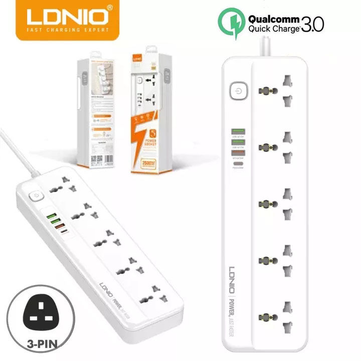 Ldnio Universal Multi Function Extension Cord 5 Outlets Power Socket With Usb Type C Fast