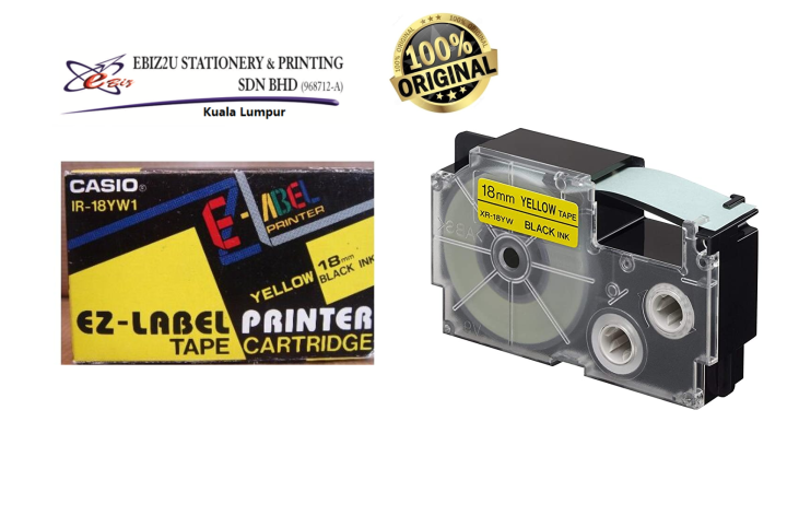 CASIO IR-18YW1 EZ-Label Printer Tape Cartridge 18mm Yellow on Black ...