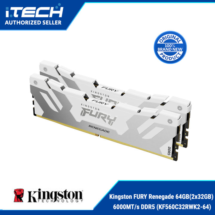 Kingston FURY Renegade White 64GB (2x32GB) 6000MT/s CL32 DDR5 RAM (KF560C32RWK2-64) | Intel XMP ...
