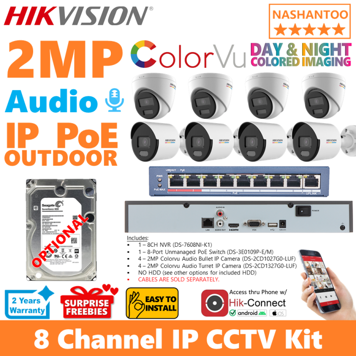 Hikvision 8Channel 2MP Colorvu Audio PoE 8Cameras (4 Bullet, 4 Turret ...