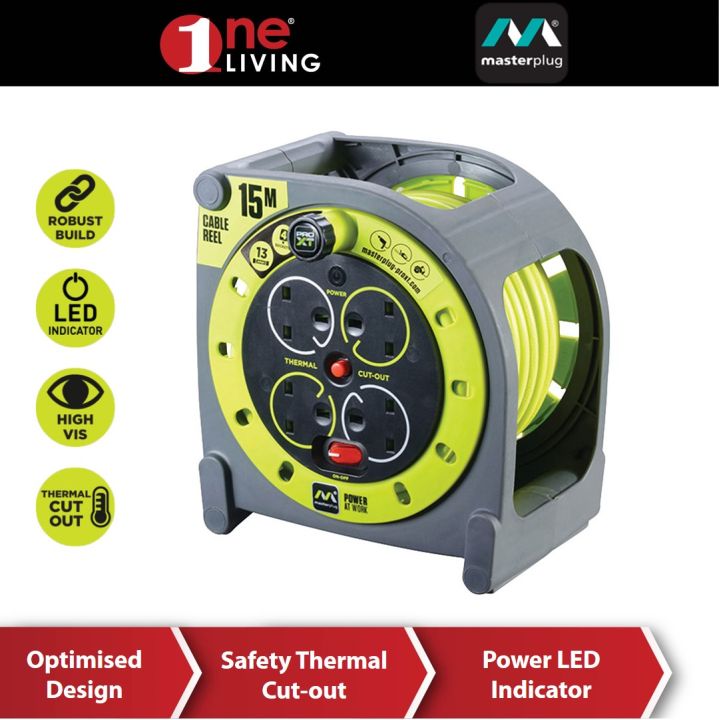 Masterplug Pro-XT 15 Meter 4 Gang Case Reel Portable Extension Green ...