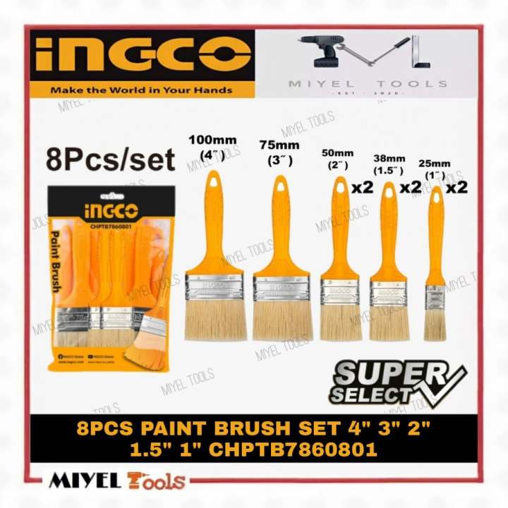 INGCO SUPER SELECT 8PCS Paint Brush Set 4" 3" 2" 1.5" 1" CHPTB7860801 ...