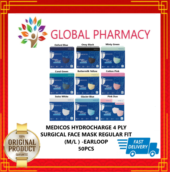 MEDICOS Regular Fit 175 HydroCharge 4ply Surgical Face Mask (Assorted ...