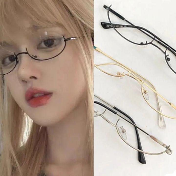 Harajuku Half Frames Glasses Frame Unisex Vintage Oval No Lens Optical Spectacles Cosplay