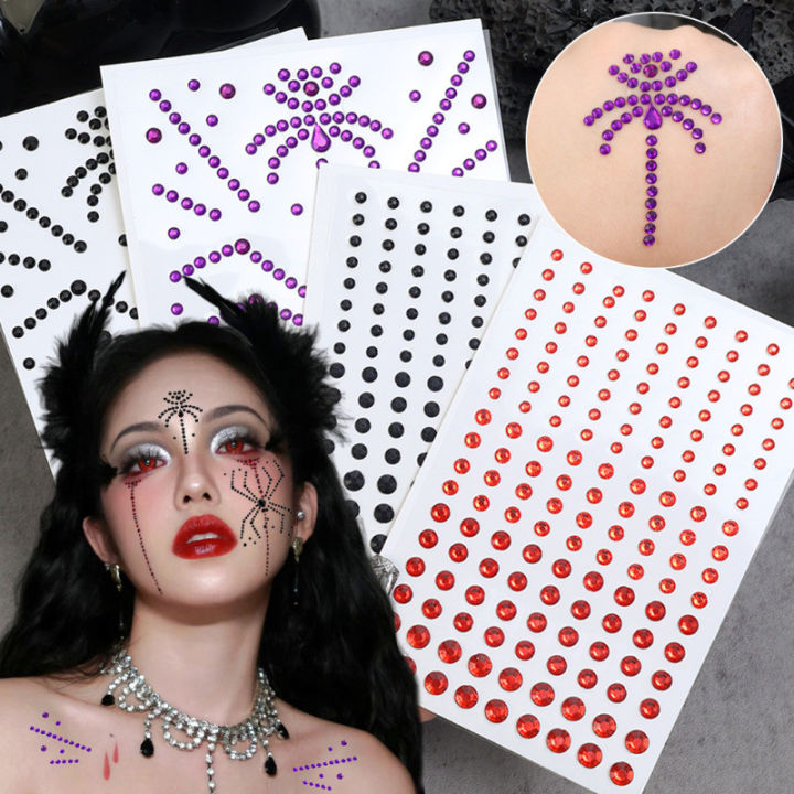 Stiker Wajah แมงมุมสีดำฮาโลวีนแบบทำมือสติ๊กเกอร์เพชรคริสตัลเต้นรำ ...