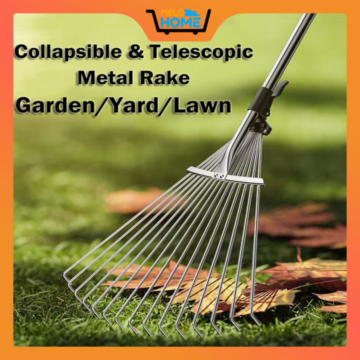 Melo home Adjustable Telescopic Metal Garden Leaf Leaves Rake for Lawn ...