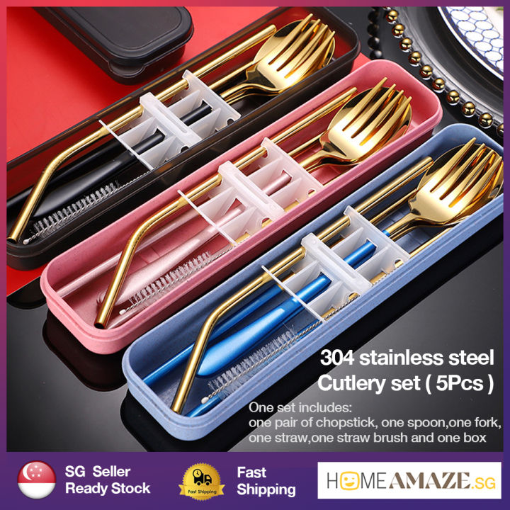 [SG ready stock] 5Pcs Stainless Steel Cutlery set Portable Tableware ...