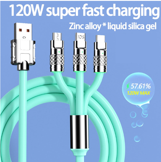 3 IN 1 Zinc Alloy Charging Cable 120W 6A Super Fast Charger USB ...