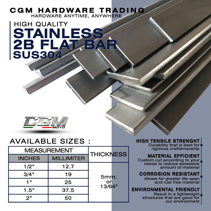 2B FLAT BAR 304 Stainless (1/2", 3/4", 1", 1-1/2", 2") 1FT: 2FT: 3FT ...