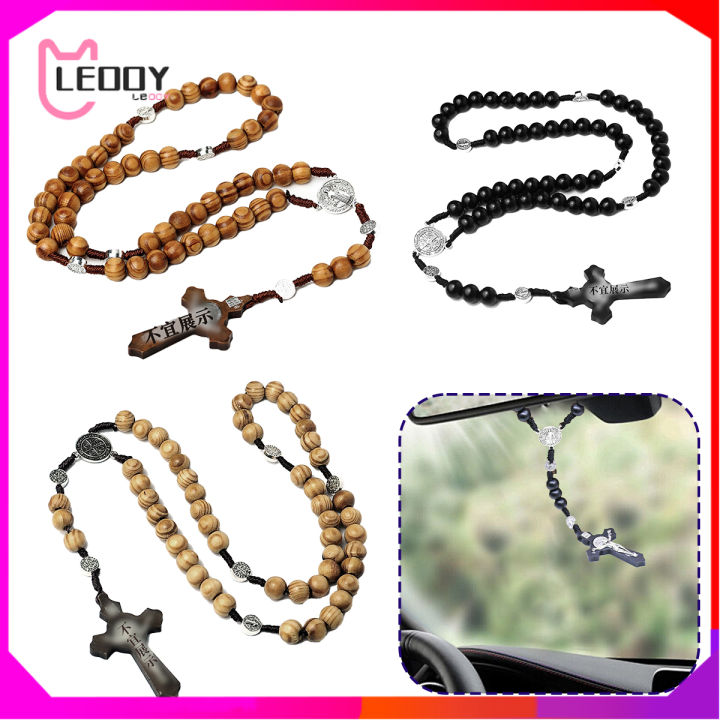Jesus Cross Pendant Wooden Beaded Chains Rosary Necklaces Cross Pendant ...