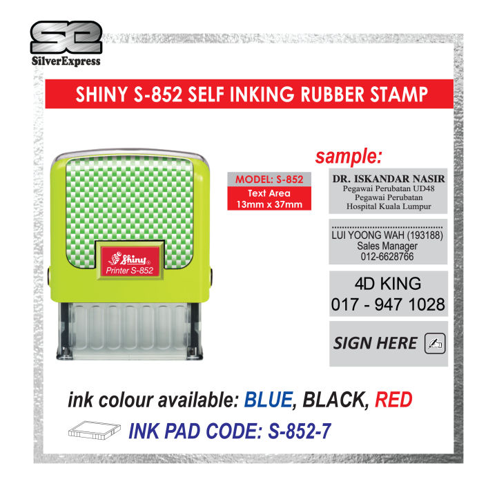 SHINY S-852 Size: 13 x 36mm / SELF-INKING STAMP / RUBBER STAMP / nama telephone 2 line/ grab ...