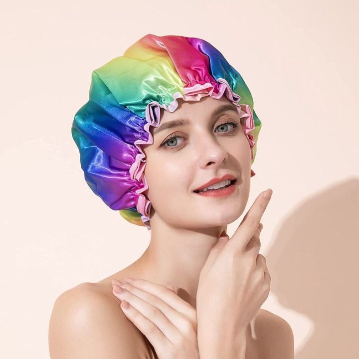 Jdtyjdt Double Layer Rainbow Waterproof Shower Cap Elastic Colorful