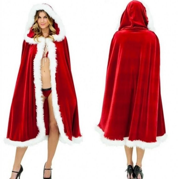 Halloween Christmas Hooded Cloak Red Velvet Robe Cardigan Cape Adult ...