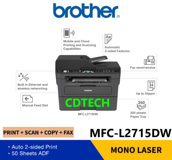 Brother MFC-L2715DW Laser Printer Duplex Network WIfi Print Scan Copy ...