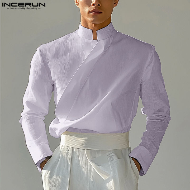 INCERUN เสื้อเสื้อลำลองแขนยาวมีสไตล์ผู้ชายคอตั้งเสื้อสีทึบ (สไตล์ตะวัน ...