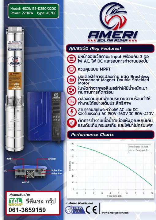 AMERI PUMP ซับเมิร์ส ไฮบริด AC&DC 2200W สำหรับใช้กับโซล่าเซลล์และไฟบ้าน | Lazada.co.th