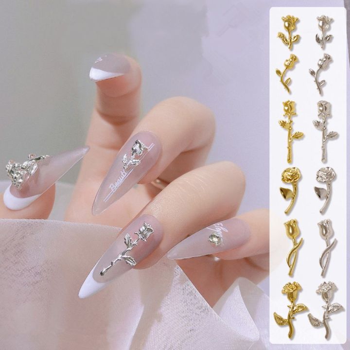 DFGY แฟชั่น สีเงินทอง แฟลช ดอกกุหลาบโลหะ เกาหลี อุปกรณ์ทำเล็บ DIY ทำ ...