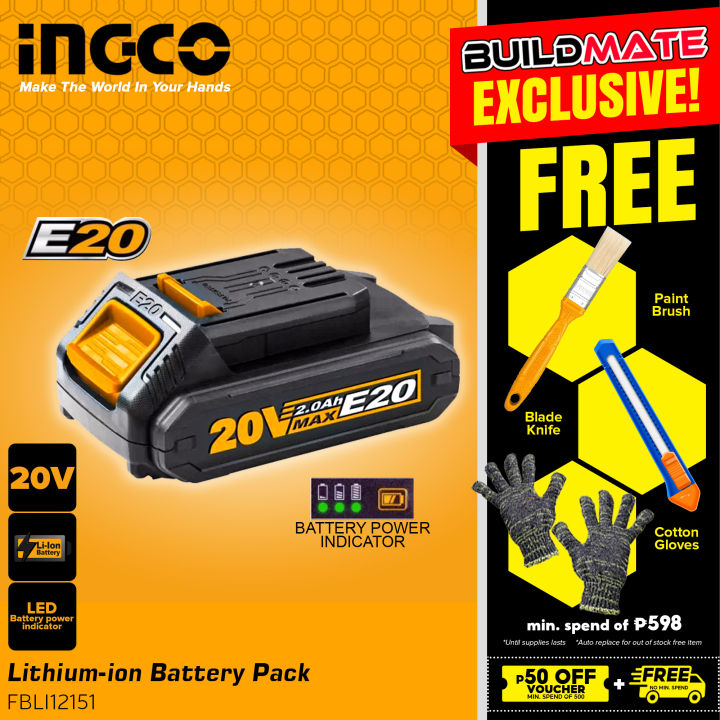 BUILDMATE Ingco Lithium-Ion Battery Pack 20V Compact Battery LED Power ...