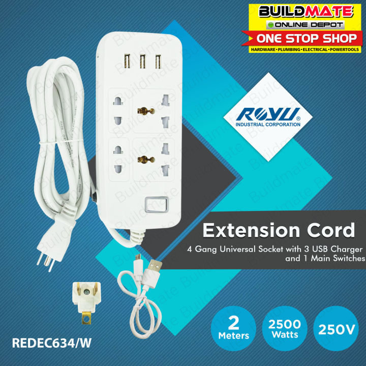 ROYU 4 GANG Extension Cord Socket Outlet with 3 USB Ports & Main Switch ...