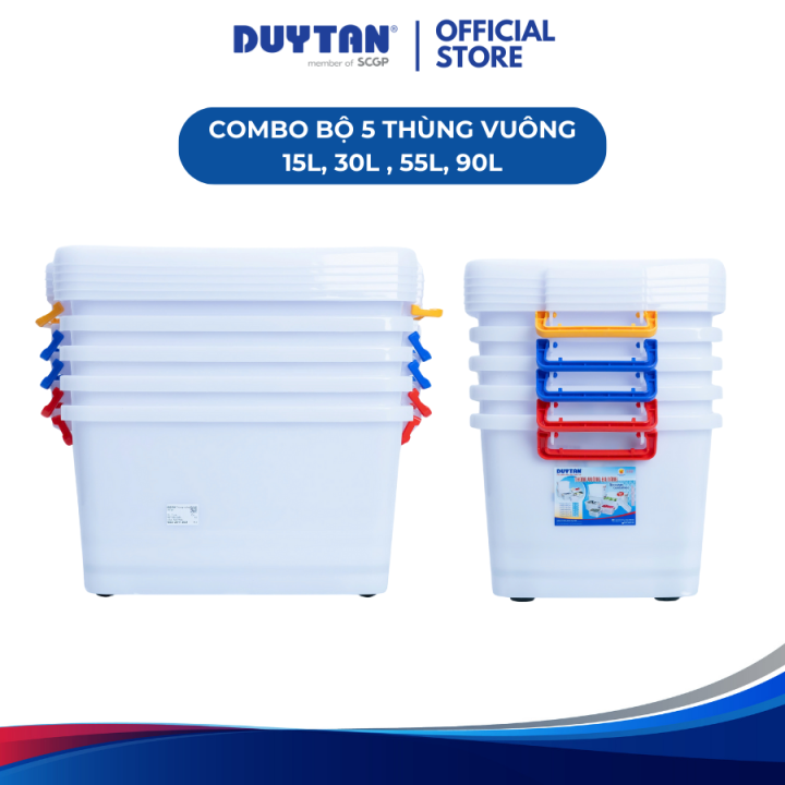 Combo 5 thùng nhựa vuông Duy Tân, dung tích 15L, 30L, 55L, 90L, nhựa PP - Đựng đồ, đựng thực ...