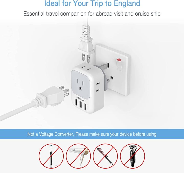 US to UK Plug Adapter, TESSAN Type G Travel Converter with 3 USB ...