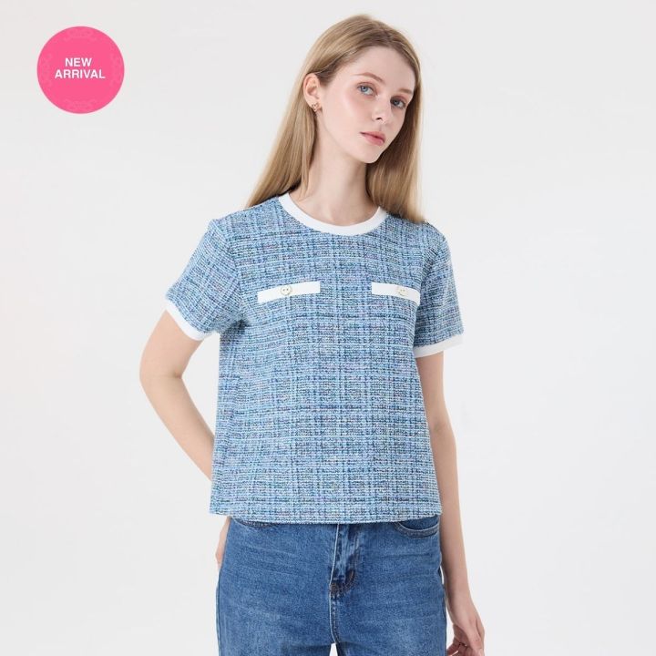EP เสื้อนิตแขนสั้นผ้าทวีต ผู้หญิง สีฟ้า | Short-Sleeve Tweed Knit Top ...