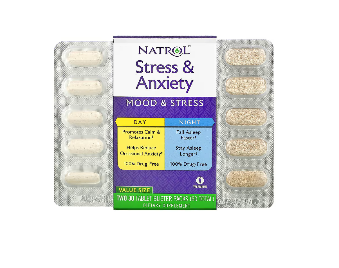 Natrol, Stress & Anxiety, Day & Night, Two 30 Tablet Blister Packs (60 ...