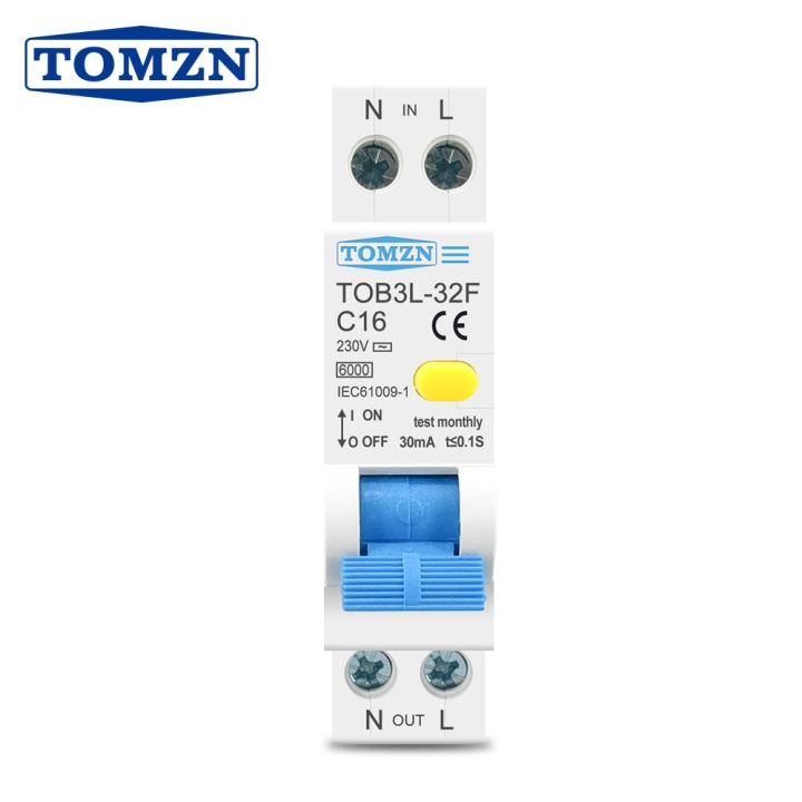 TOMZN Mini Circuit Breaker 18MM 230V 50/60Hz RCBO 1P+N 6KA Residual current differential ...