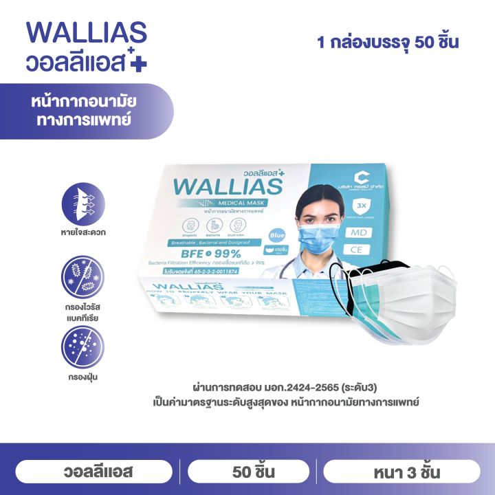 หน้ากากอนามัยทางการเเพทย์ Medical Mask ยี่ห้อ WALLIAS หนา 3 ชั้น ป้องกันได้ถึง 98 % 1 กล่อง ...