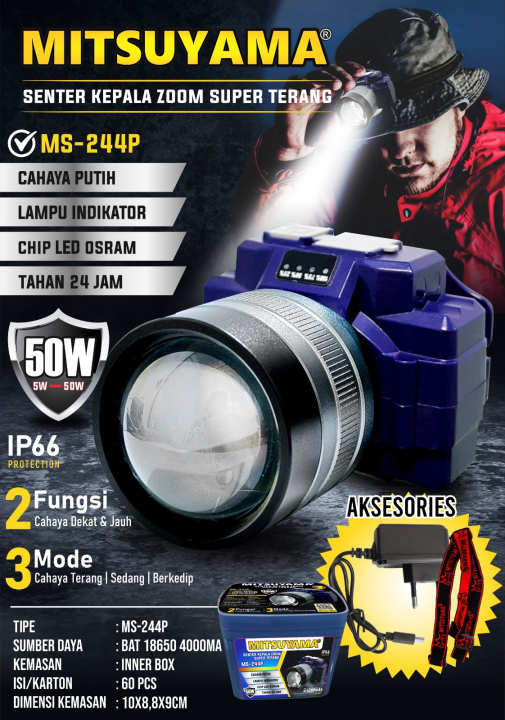 Senter Kepala Zoom Super Terang Mitsuyama MS 244P 244K HEADLAMP tahan 24 jam 4000mah setera 50 ...