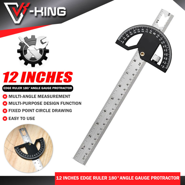 V-KING 12" Woodworking Edge Ruler Protractor 180° Degree Angle Gauge ...