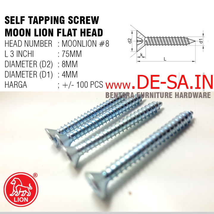 100 x Moon Lion Skrup #8 x 75MM - Self Tapping Flat Head Screw (Sekrup ...