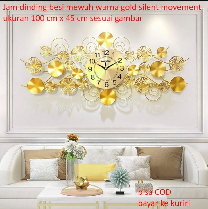 Jam dinding besi mewah warna gold silent movement ukuran 100 cm x 45 cm ...