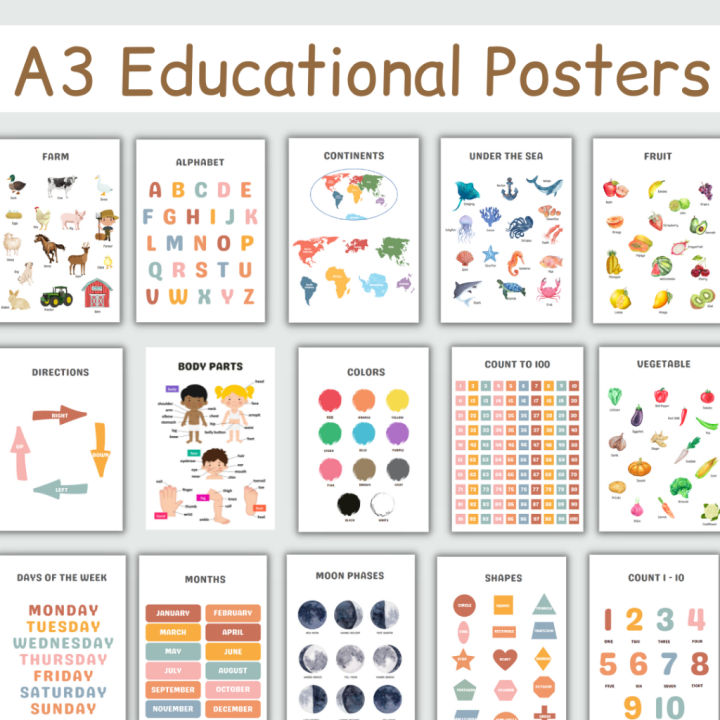 A3 Laminated Educational Posters, Learning Chart Set For Kids and ...
