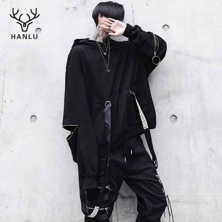 Hanlu เสื้อสเวตเตอร์แขนยาวฮิปฮอปมีฮู้ดของผู้ชายเสื้อแจ็คเก็ตลำลองมีซิป ...