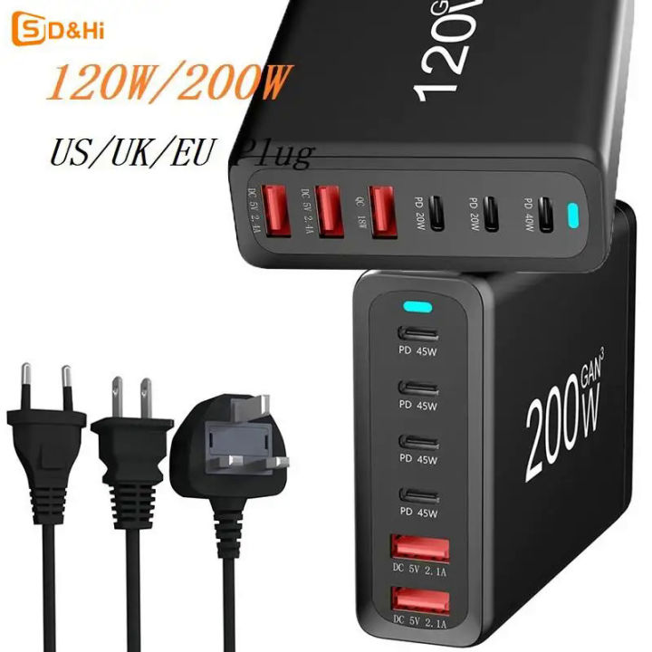 120W 200W GaN Charger 6พอร์ต USB Type C PD Charger Quick Charge 3.0 USB ...