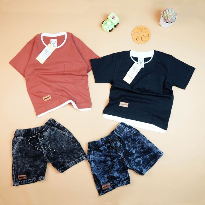 BRAVEKIDS - SETELAN KAOS POCKET TWO LAYER POLOS ANAK COTTON COMBED 24S CELANA DENIM KAOS ANAK 1 ...