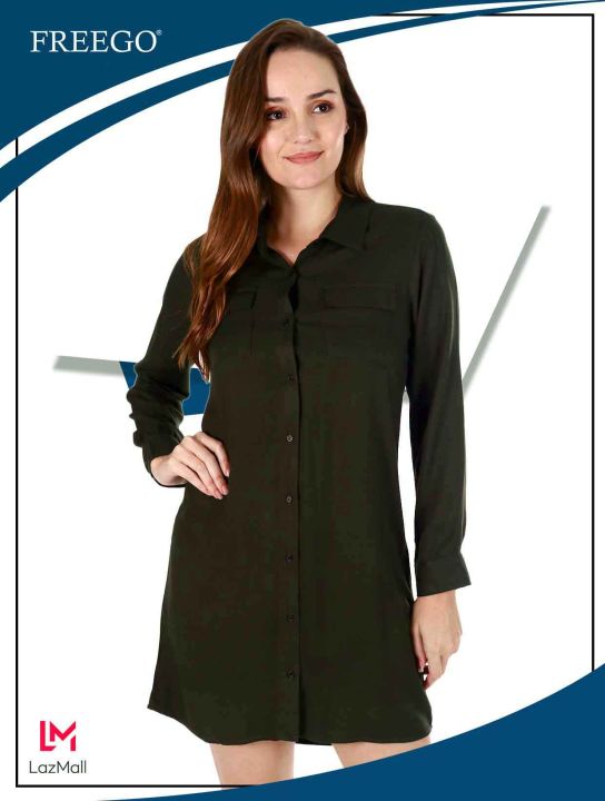 Freego Women Fatigue Plain Boxy Dress with flap pockets in Dark Green ...