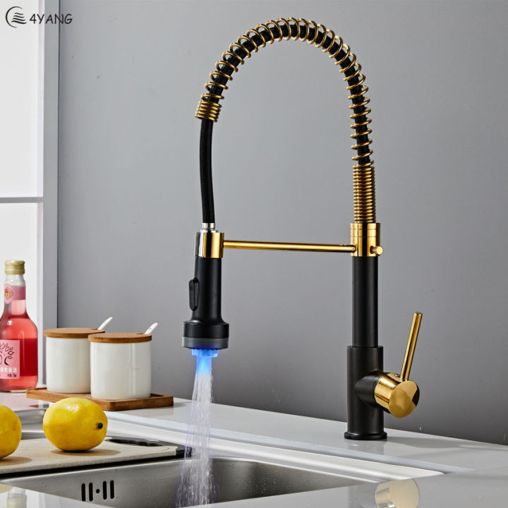 Brushed Gold Kitchen Tap with 360° Rotatable Pull Down Sprayer Mixer ...